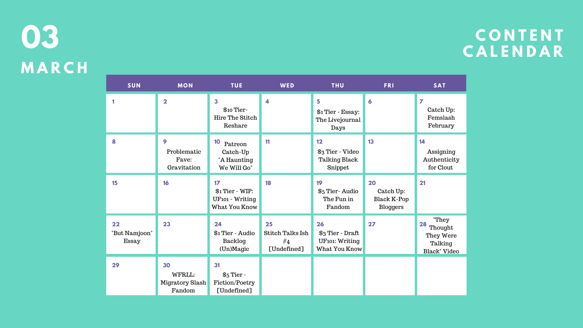 March Content Calendar – Stitch's Media Mix
